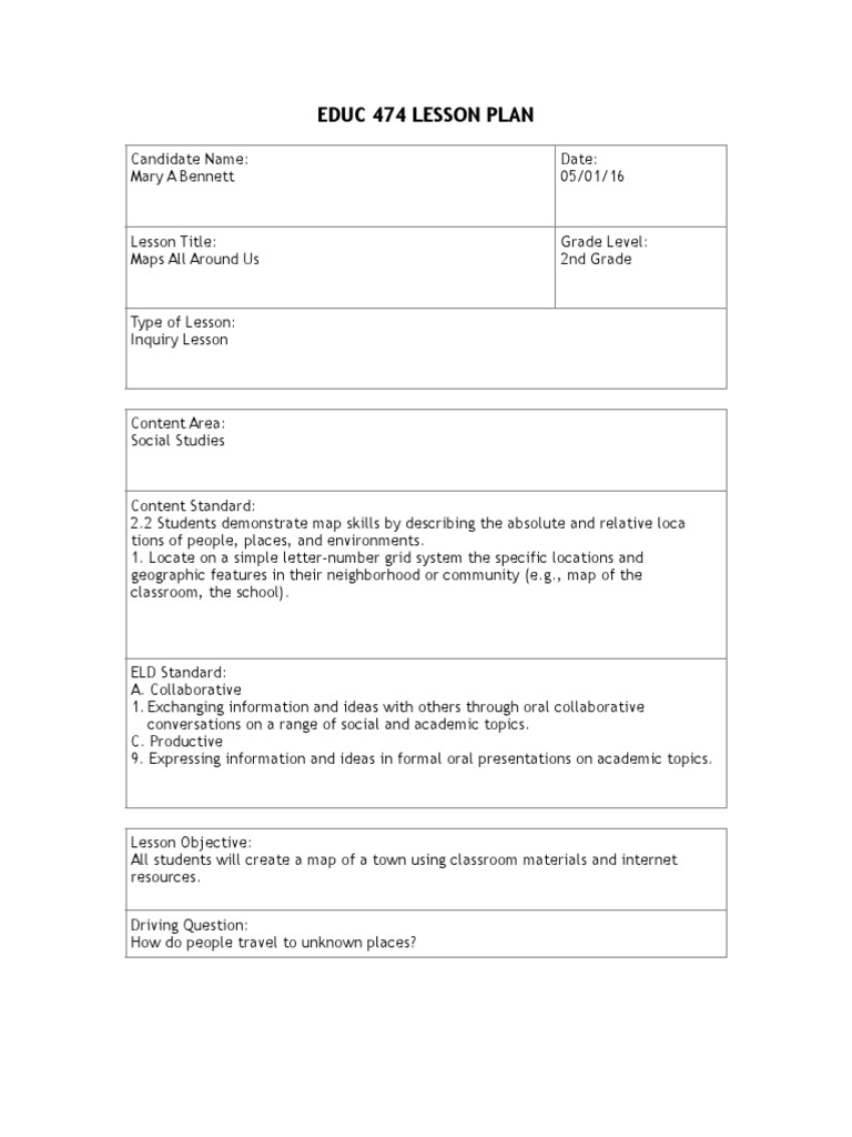 2nd Grade Map Skills Lesson Plan | PDF | Educational Assessment | Teachers