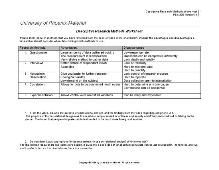 University of Phoenix Material: Descriptive Research Methods Worksheet ...
