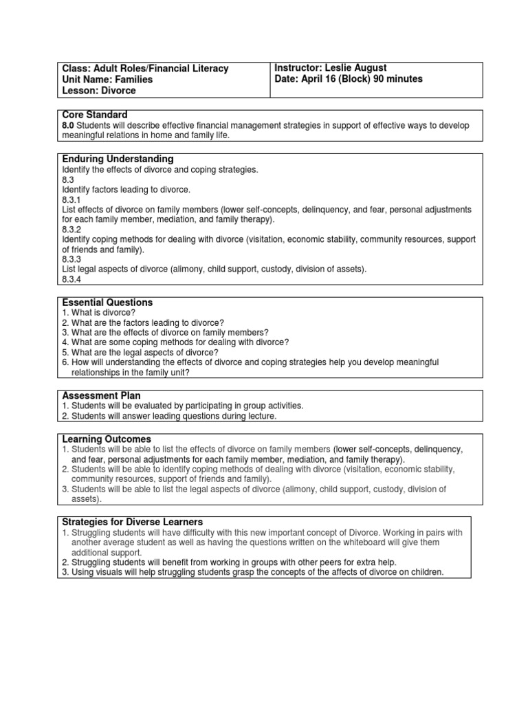 Lesson Plan Divorce | PDF | Divorce | Marriage