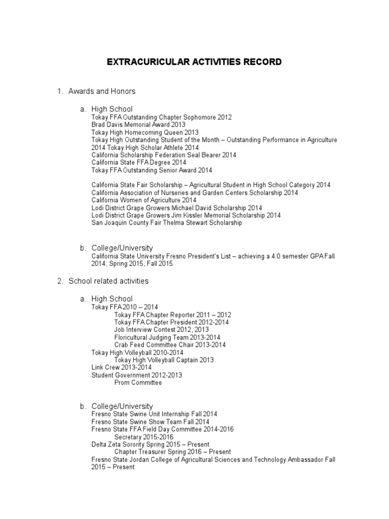 Extracuricular Activities Record | PDF | Career & Growth | Sports ...