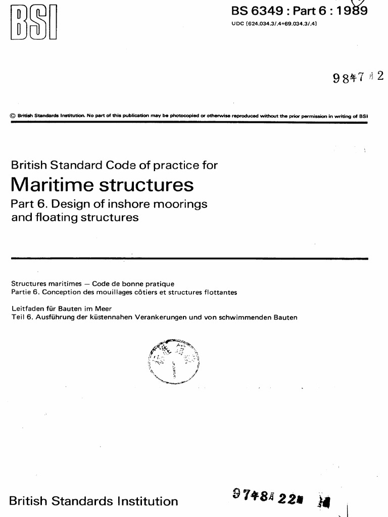 BS 6349-6 1989 Maritime Structures. Design of Inshore Moorings and Floating Structures PDF | PDF