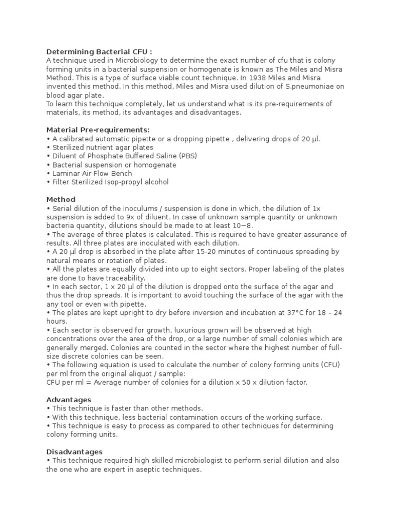 Miles and Misra Method for CFU Counting | PDF | Colony Forming Unit ...