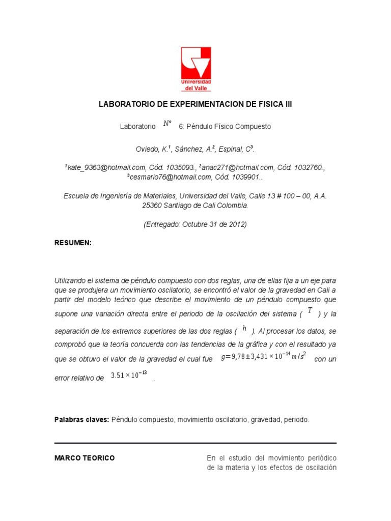 Lab 6. Pendulo Compuesto | PDF | Péndulo | Movimiento (física)