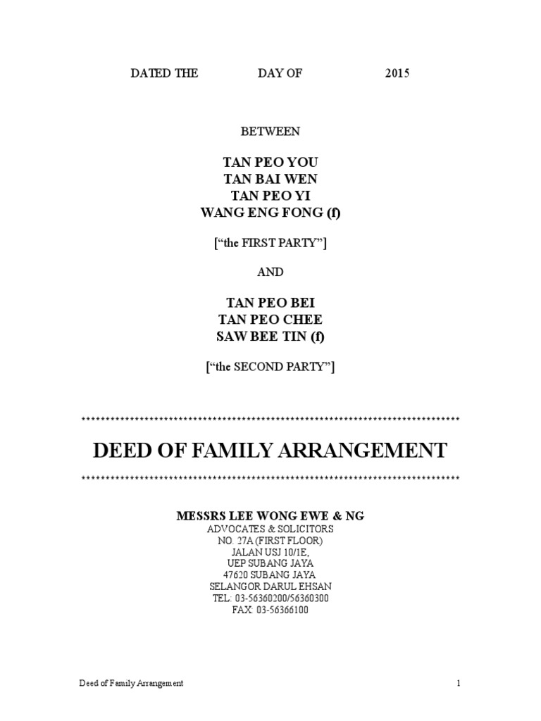 Deed of Family Arrangement (SAMPLE) | Deed