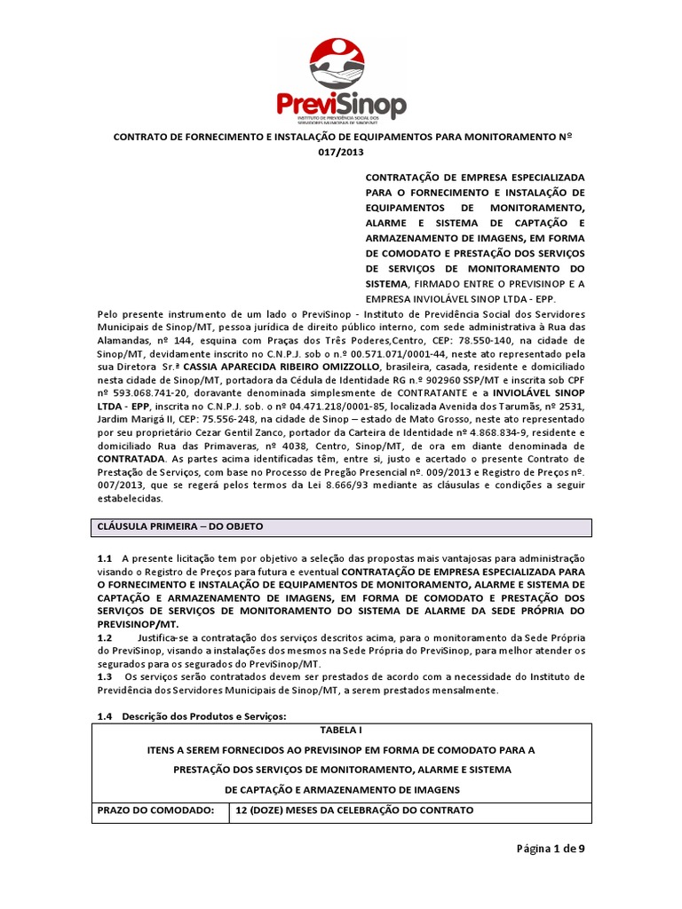 Contrato De Fornecimento E Instalação De Equipamentos De Monitoramento