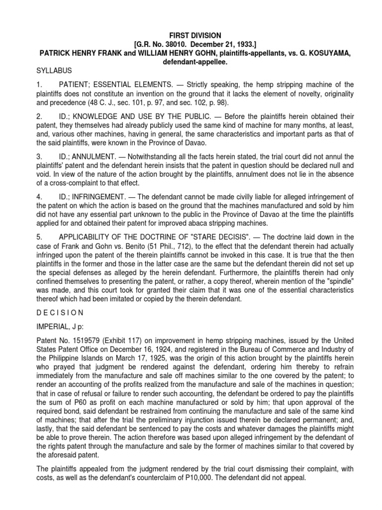 Patrick Henry Frank and William Henry Gohn vs. G. Kosuyama | PDF ...