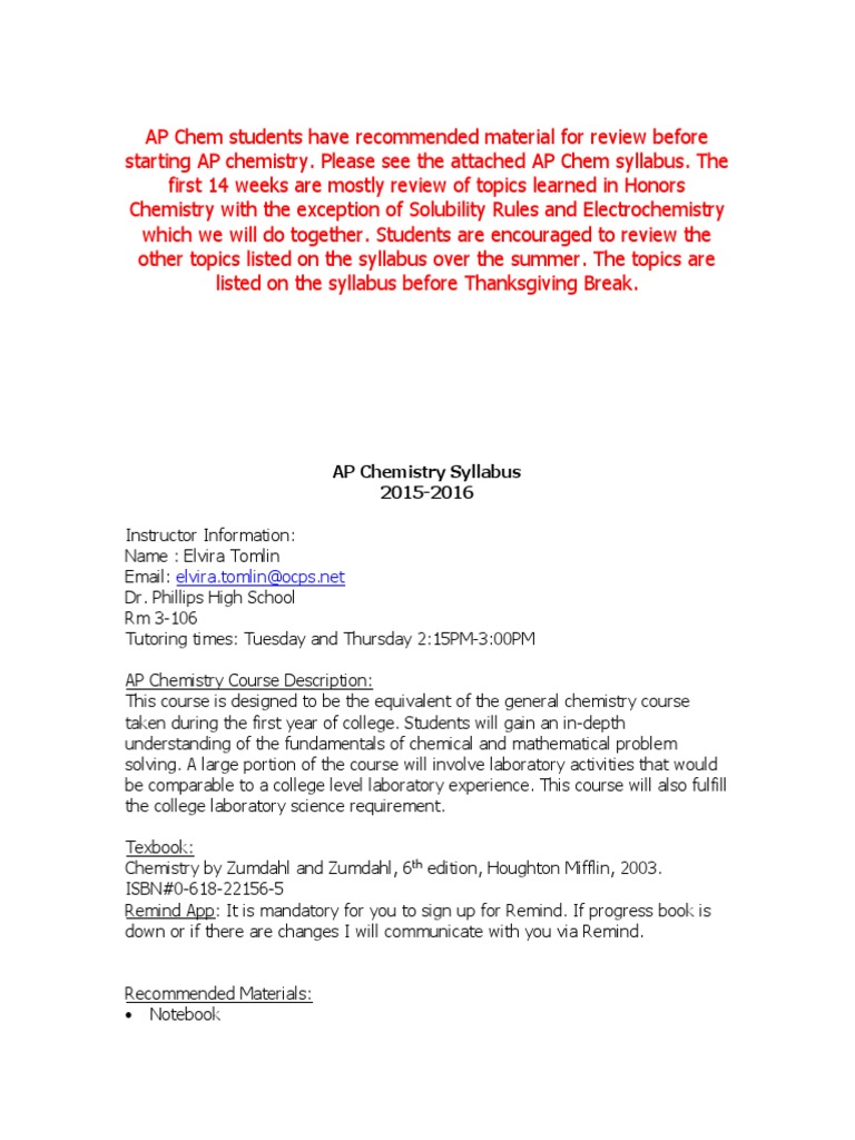 AP Chem Syllabus 2016 | PDF | Chemical Equilibrium | Chemical Reactions