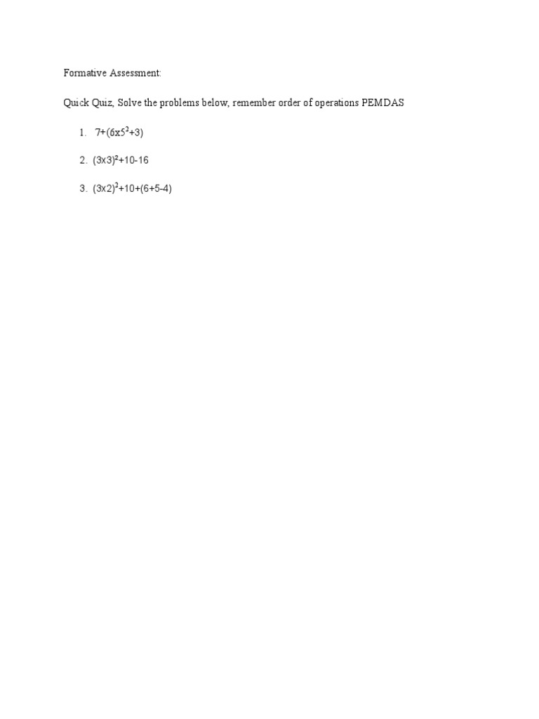 Formative Assessment: Quick Math Quiz | PDF