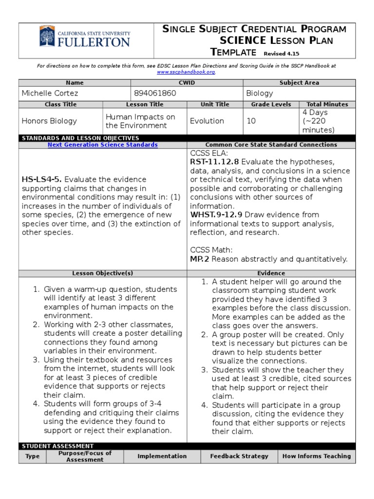 Human Impact on Environment Lesson Plan | PDF | Educational Assessment ...