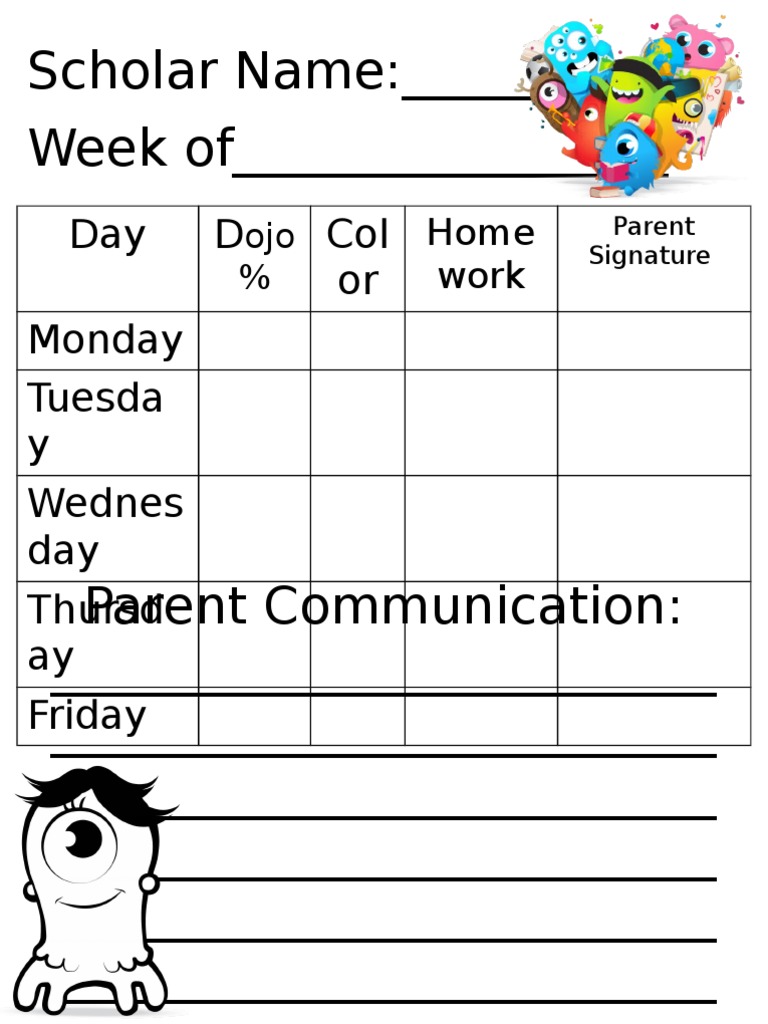 Scholar Name: - Week of - : Day D Col or Monday Tuesda y Wednes Day ...