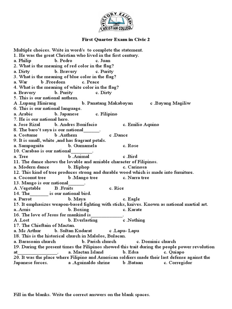 Civic and Culture Grade 2 Examination | PDF | Philippines | Languages