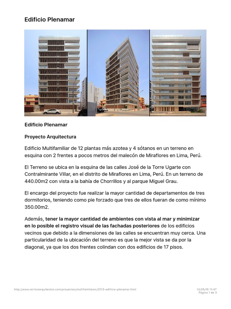 Edificio Multifamiliar Plenamar, Lima PERU - Vértice Arquitectos | PDF | Lima | Medios de arte
