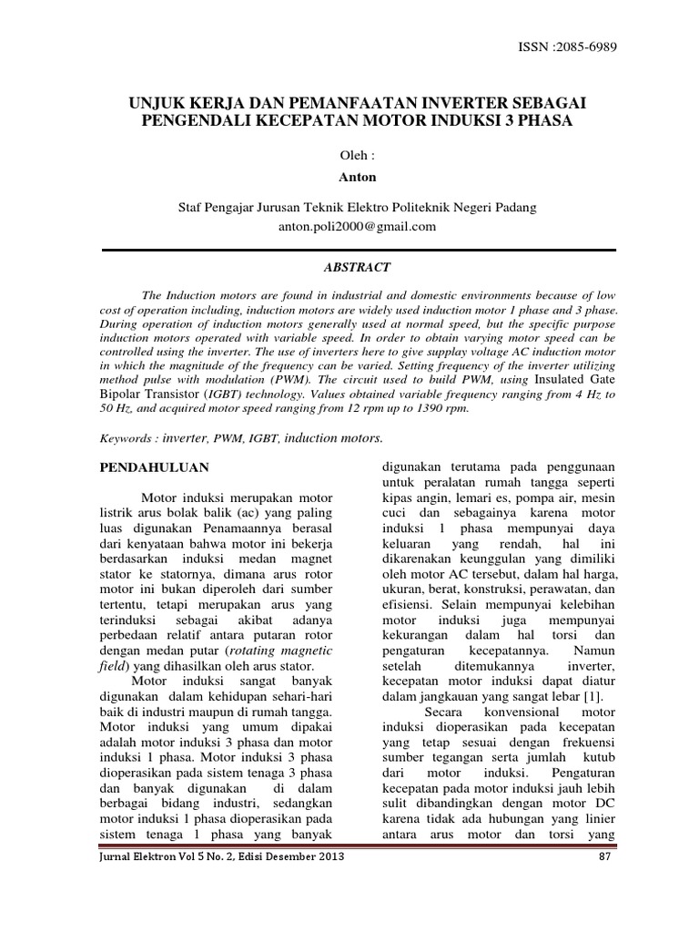 Unjuk Kerja Dan Pemanfaatan Inverter Sebagai Pengendali Kecepatan Motor Induksi 3 Phasa | PDF