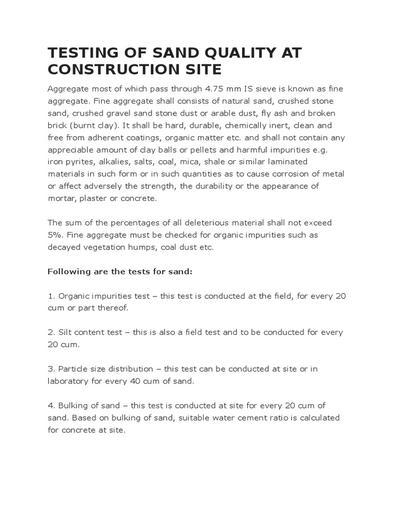 Testing of Sand Quality at Construction Site | PDF | Sand | Shale