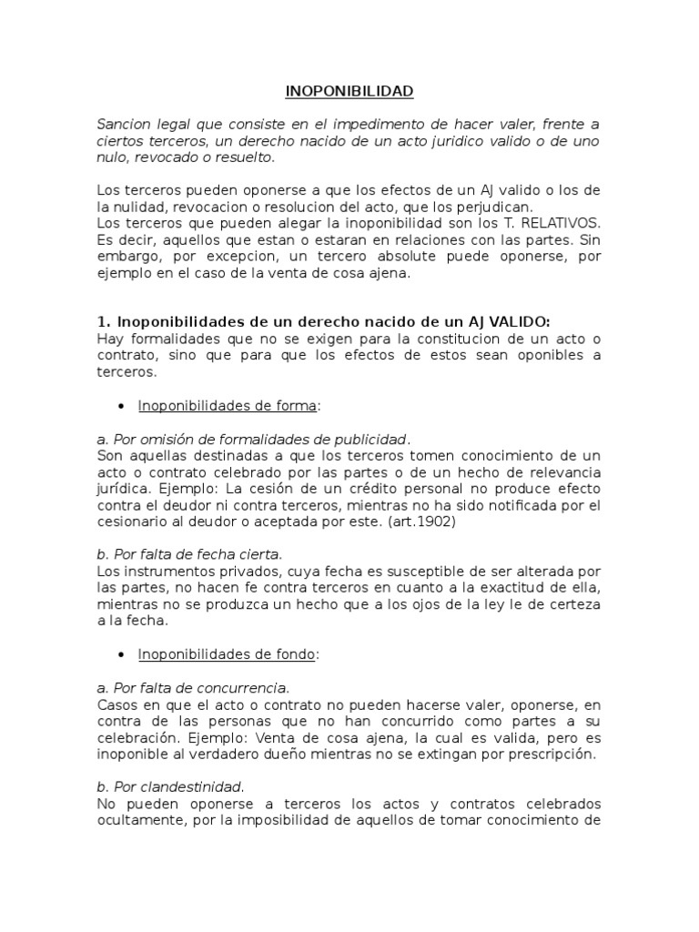Inoponibilidad: Protección Legal a Terceros | PDF | Derecho privado ...