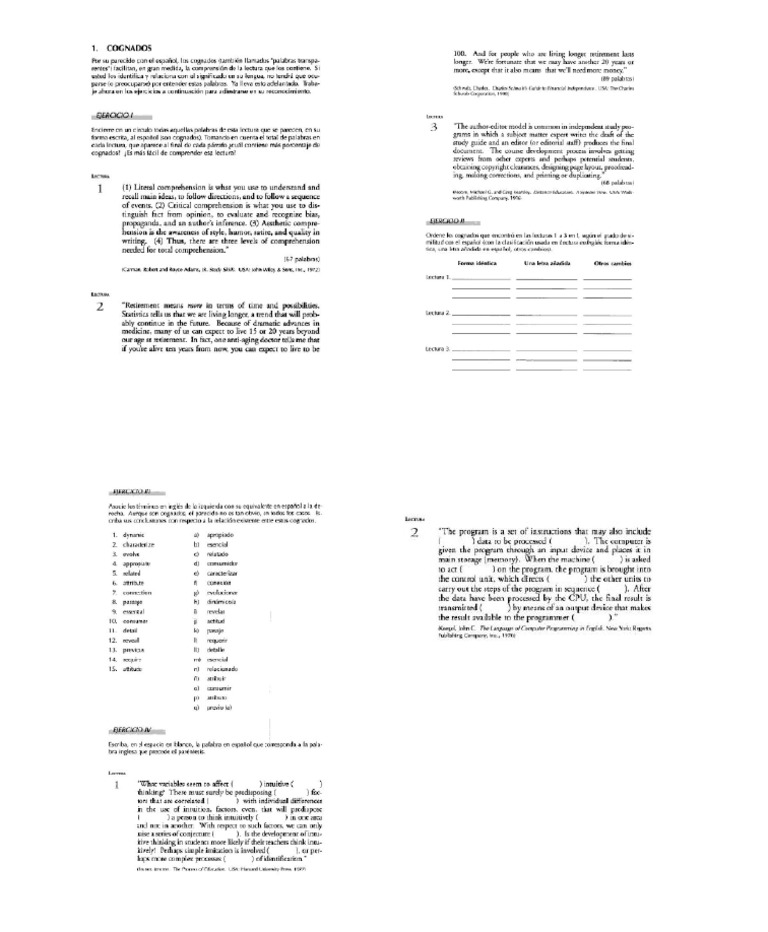 Spanish Cognates Worksheet - Guía de Cognados Inglés-Español | PDF
