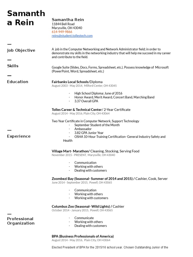 Samantha Rein's Networking Resume | PDF
