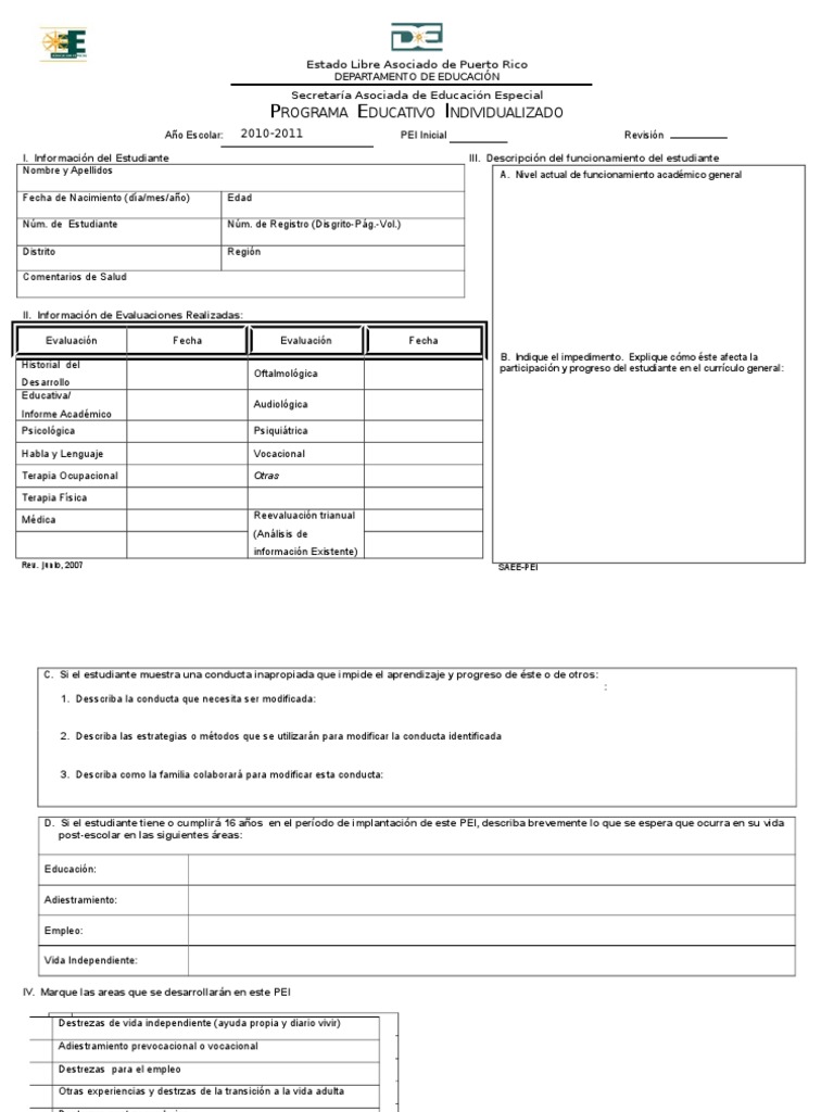 Formato de Pei en Ms Word | Evaluación | Educación especial