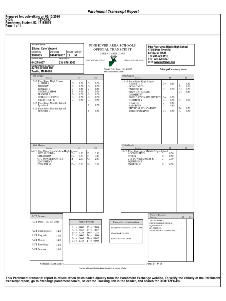 Parchment Transcript Report: Pine River Area Schools Official ...
