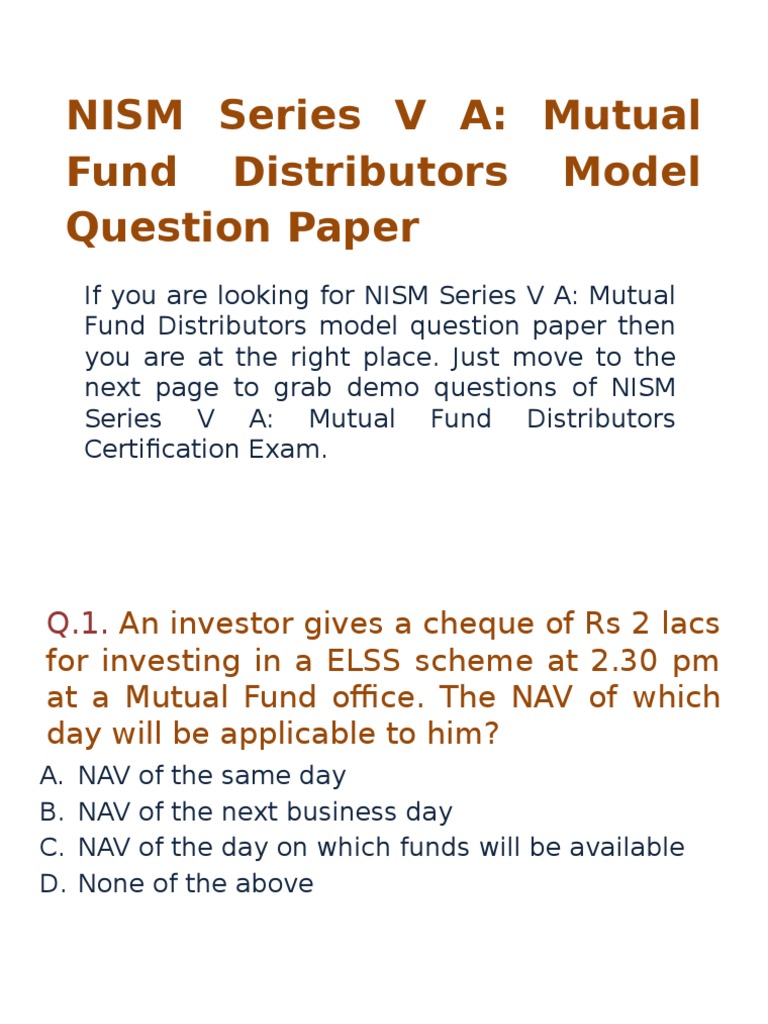 NISM Series V A: Mutual Fund Distributors Model Question Paper | PDF | Mutual Funds | Investor