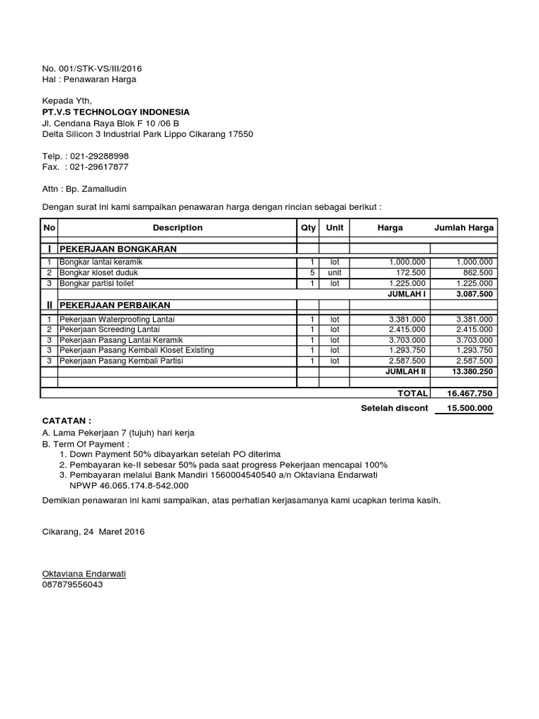 Penawaran Perbaikan Toilet | PDF