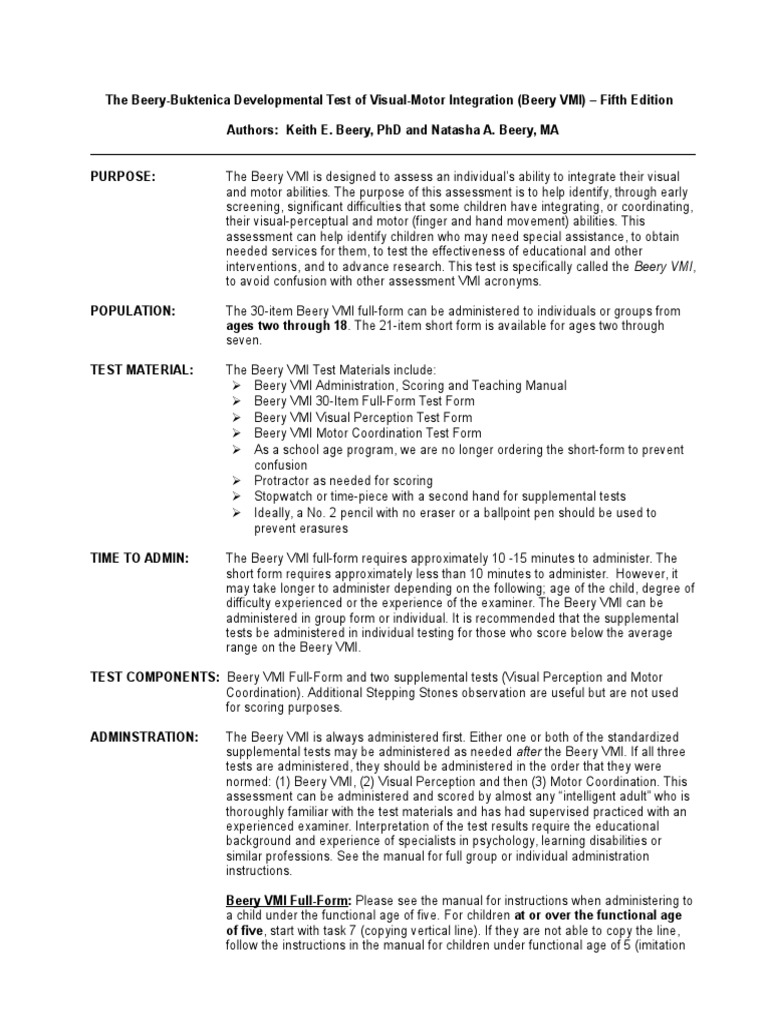 Beery VMI 5-Ed Assessment Review | PDF | Validity (Statistics) | Test ...