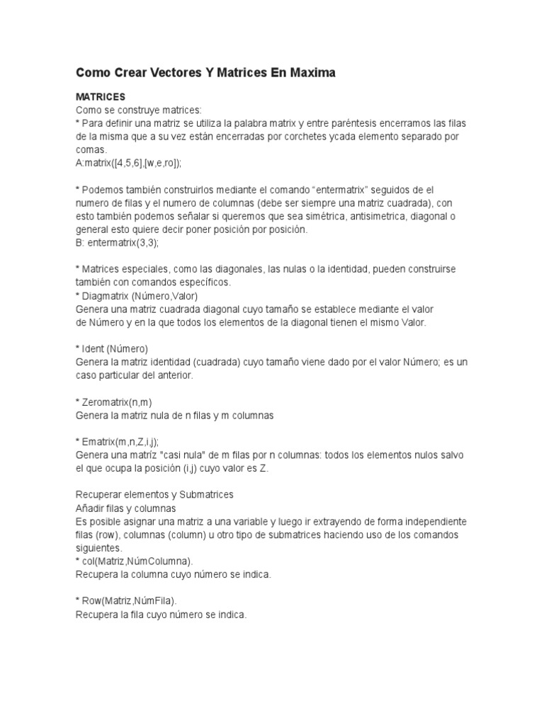Como Crear Vectores Y Matrices en Maxima | Descargar gratis PDF ...