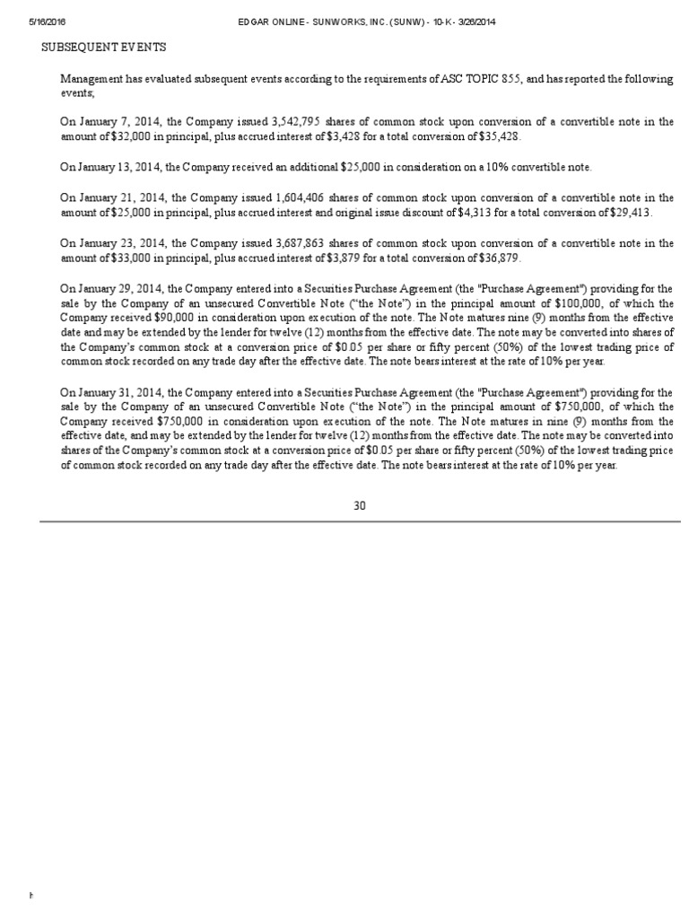 Subsequent Events Section SLTD (now SUNW) 2013 10-K | Bonds (Finance ...