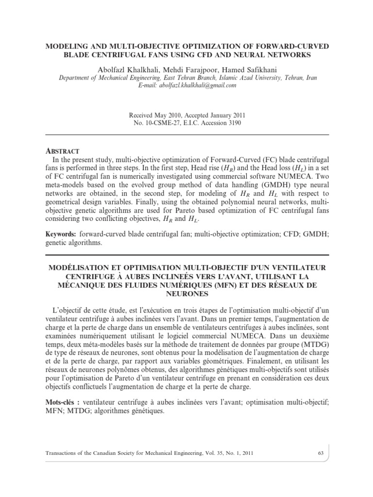 Modeling and Multi-Objective Optimization of Forward-Curved Blade Centrifugal Fans Using CFD and ...