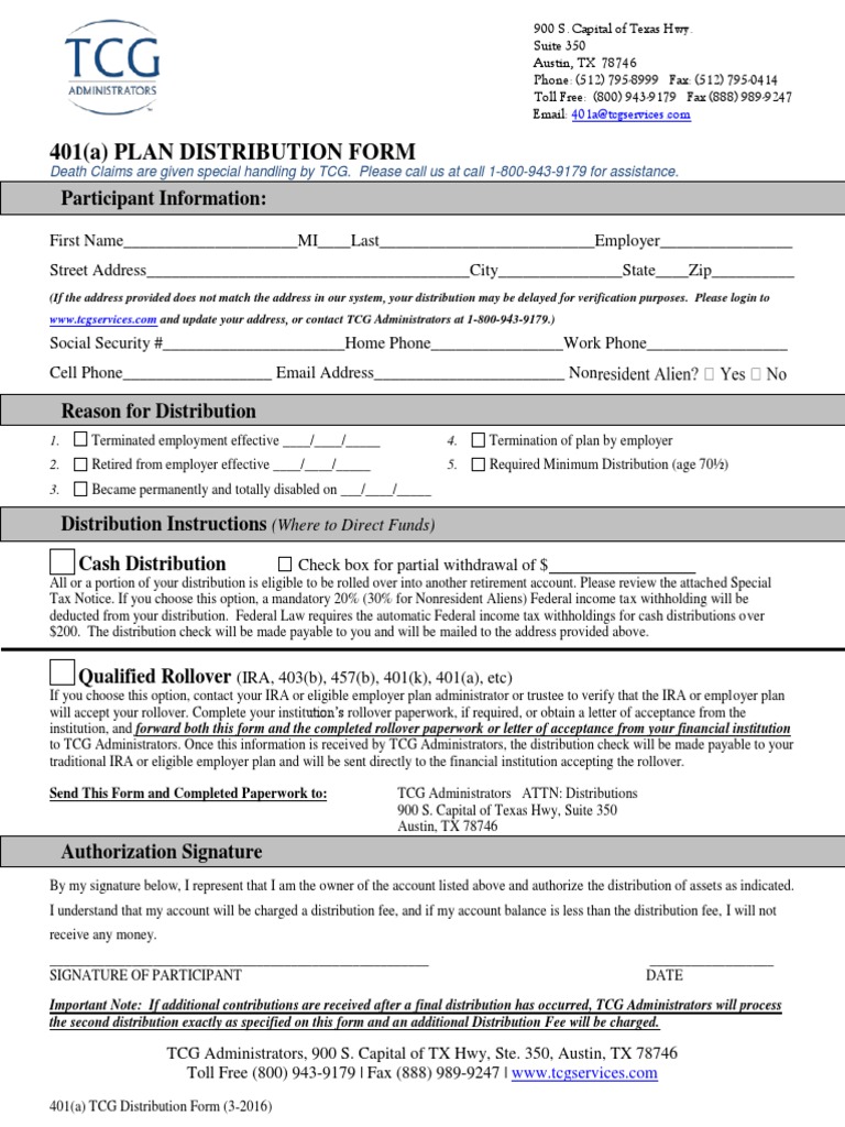 TCG_401(a) Plan Distribution Election Info & Form | Individual ...