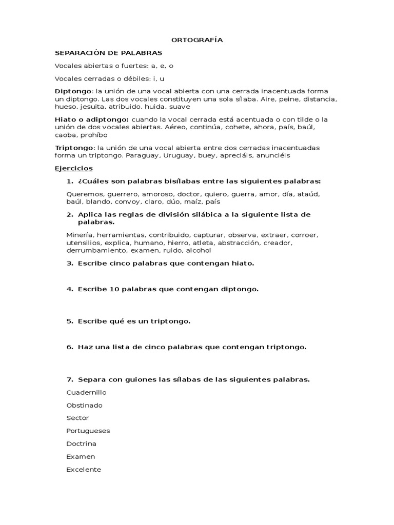 Ortografía: Diptongos, Hiatos y Ejercicios | PDF | Vocal | Fonética