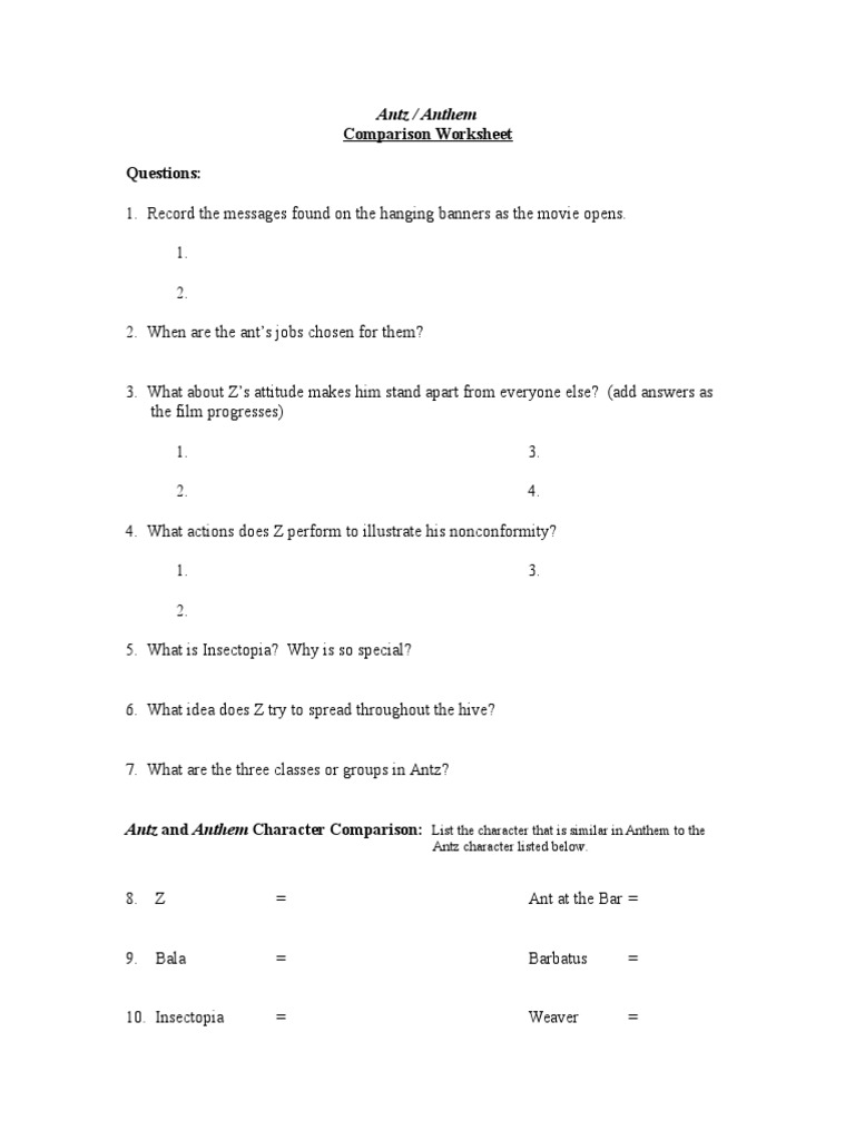 Antz Character Comparison Worksheet | PDF