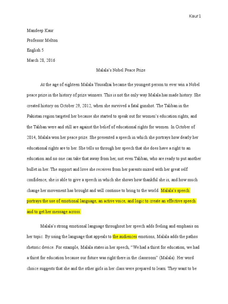 Rhetorical Analysis - Final Draft | PDF | Malala Yousafzai