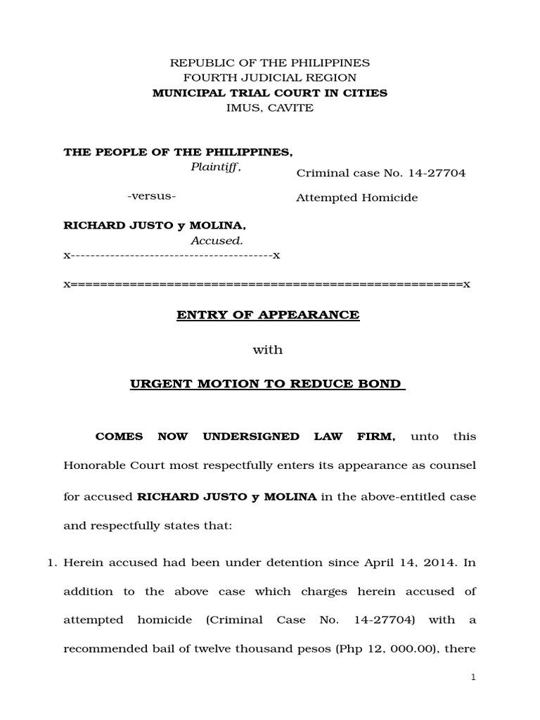 Motion To Reduce Bond | PDF | Bail | Virtue Motion To Reduce Bond | PDF | Bail | Virtue
