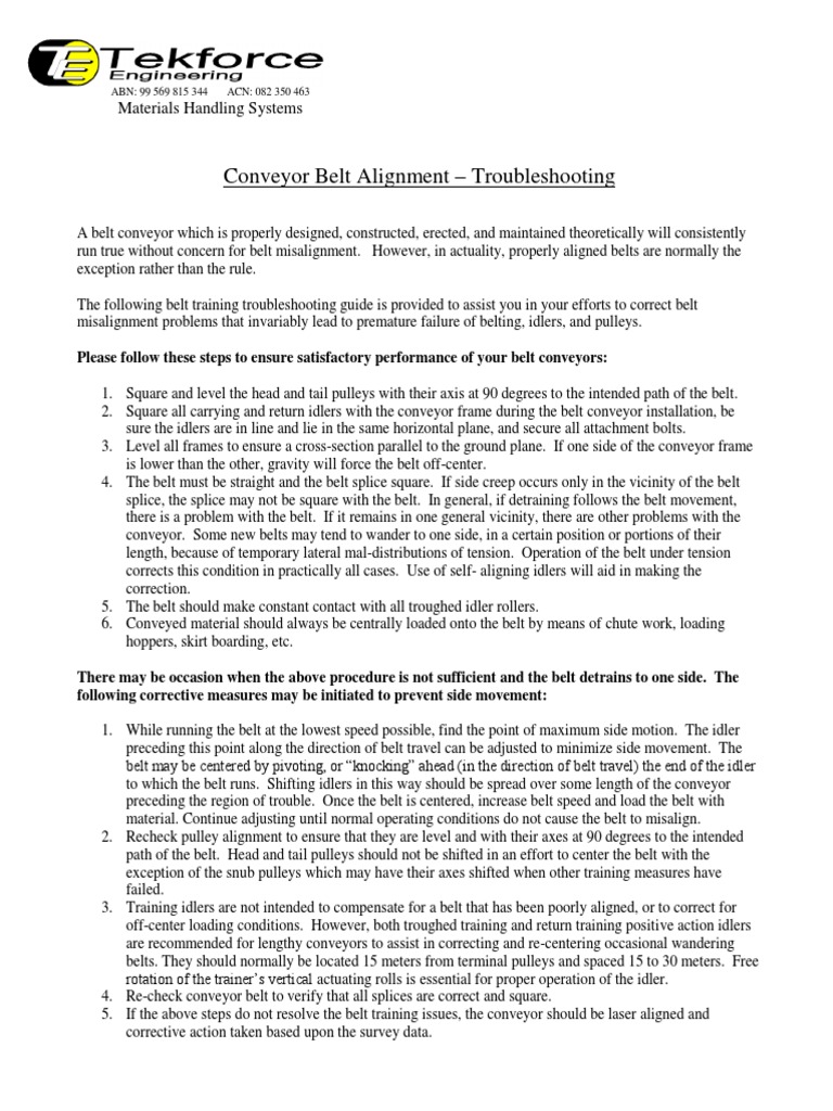 Conveyor Belt Alignment Troubleshooting Guide | PDF | Belt (Mechanical ...
