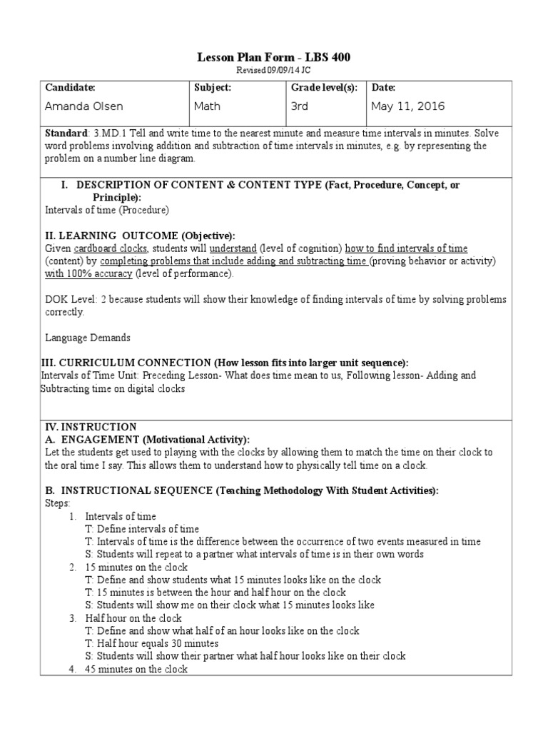 Time Intervals Lesson Plan | PDF | Time | Clock