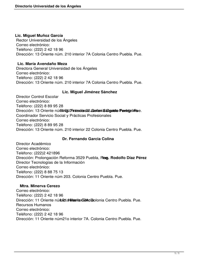 Directorio Universidad de los Ángeles Puebla | PDF
