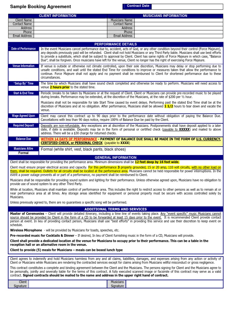 Music Performance Booking Agreement | PDF | Cheque | Guarantee