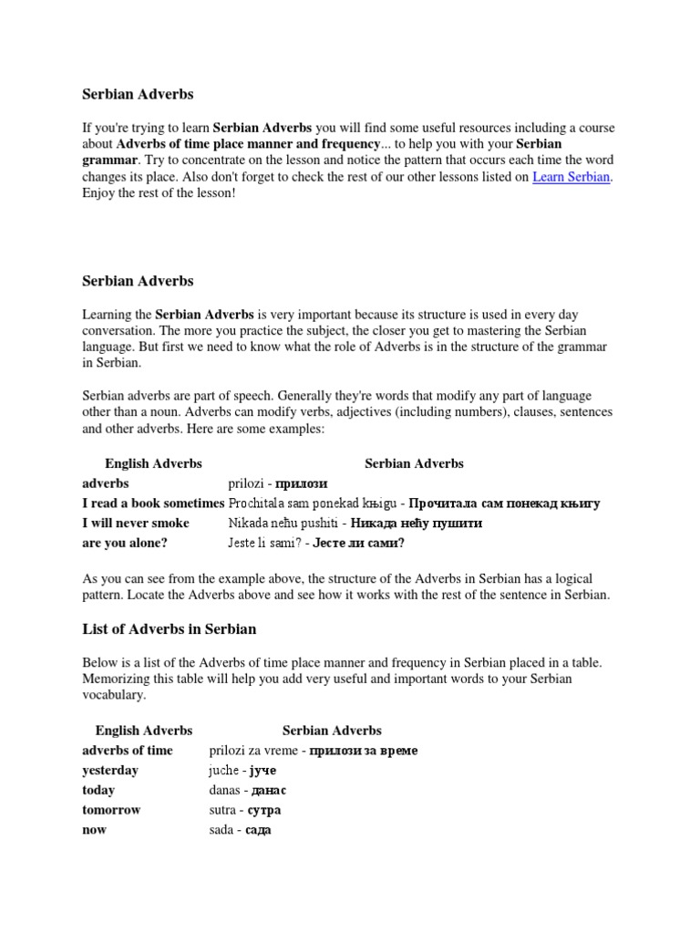 Serbian Lessons Pdf Pdf Adverb Pronoun