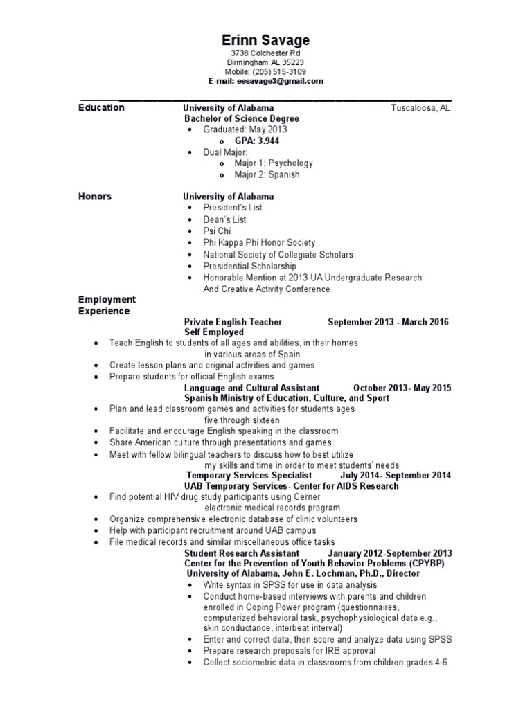 CV Erinn Savage Updated | PDF | University Of Alabama | Teachers