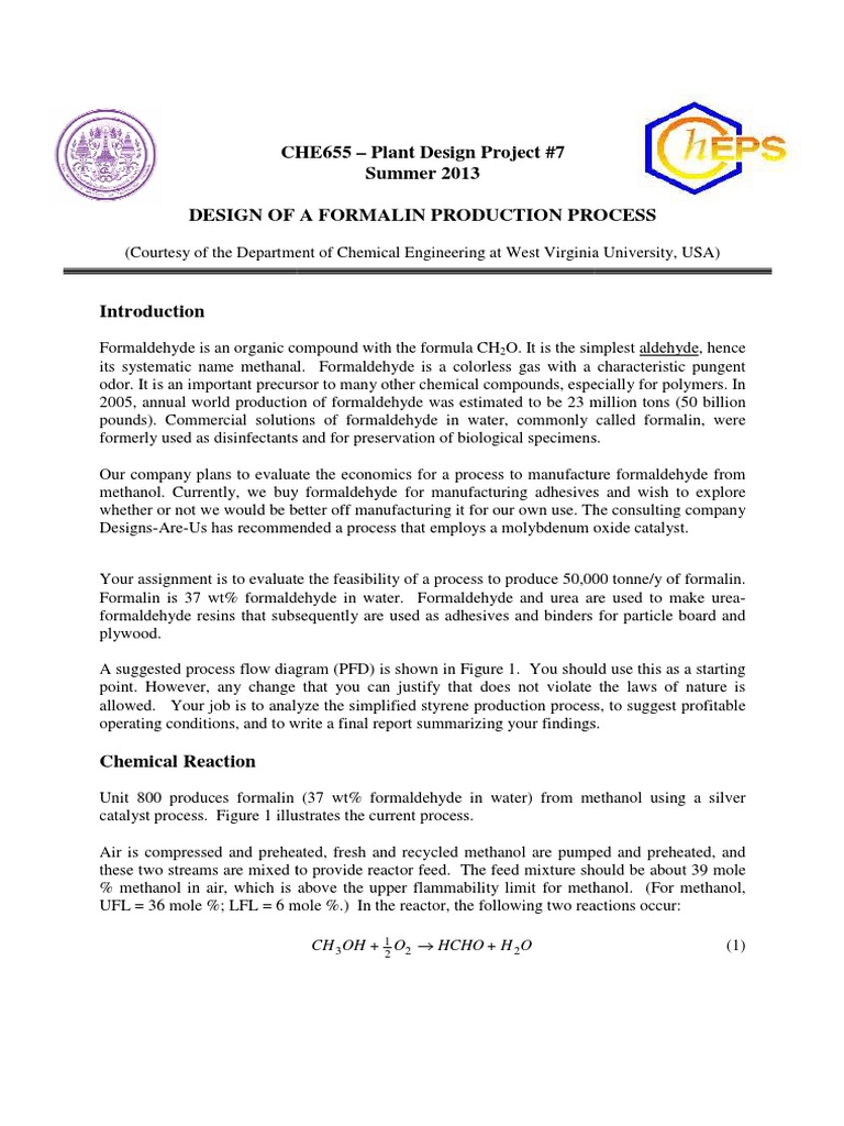 Production of Formaldehyde From Methanol | PDF | Formaldehyde | Heat ...