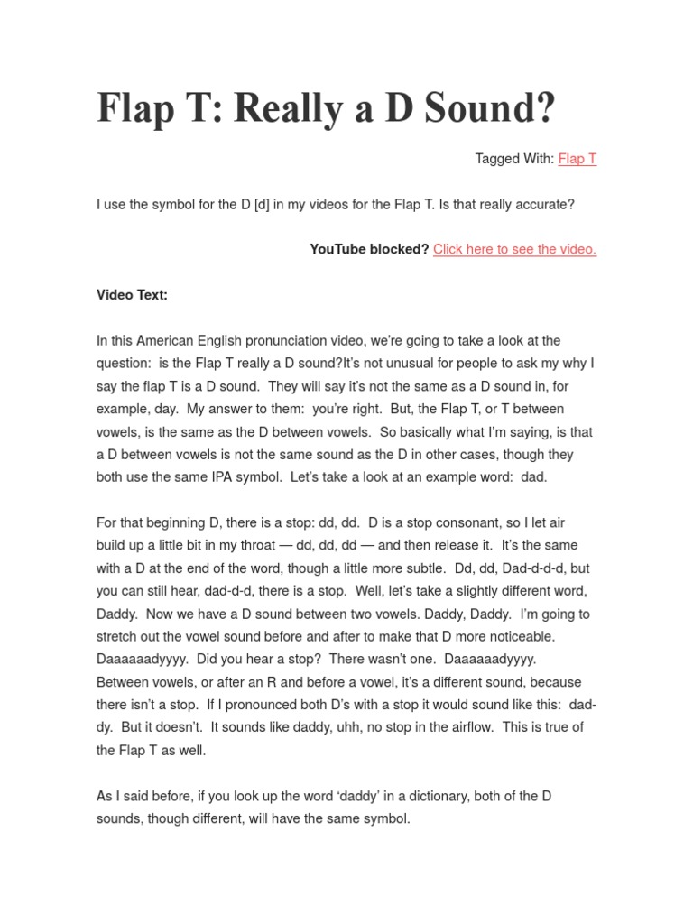 Flap T: Really A D Sound?: Youtube Blocked? Video Text | PDF | Vowel ...