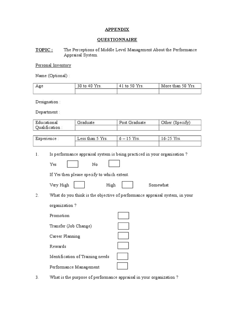 Appendix Questionnaire Topic | PDF | Performance Appraisal | Systems ...