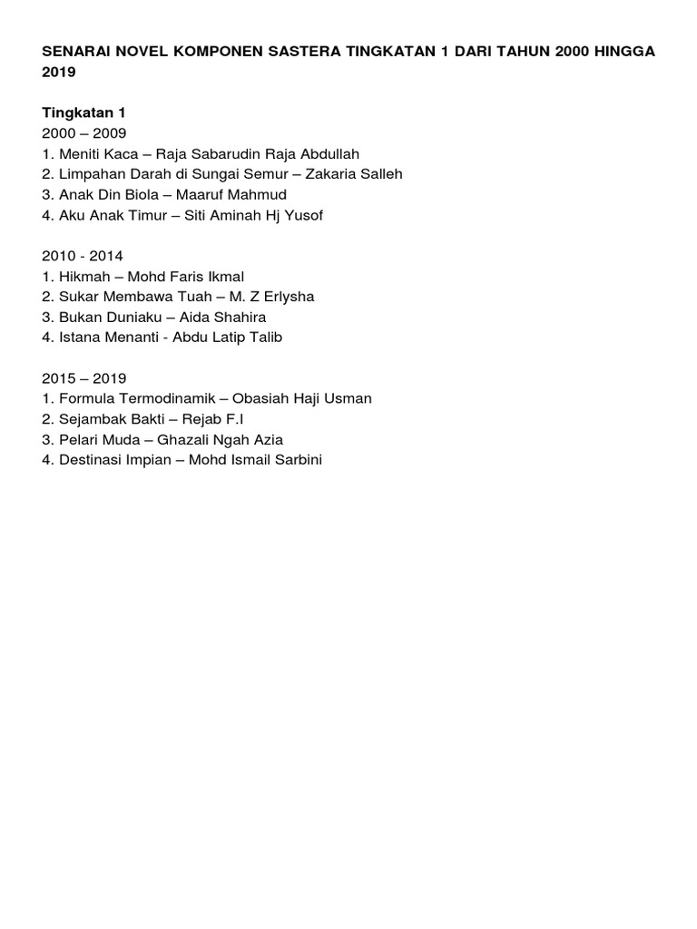 Senarai Novel Komponen Sastera Tingkatan 1 Dari Tahun 2000 Hingga 2019 ...