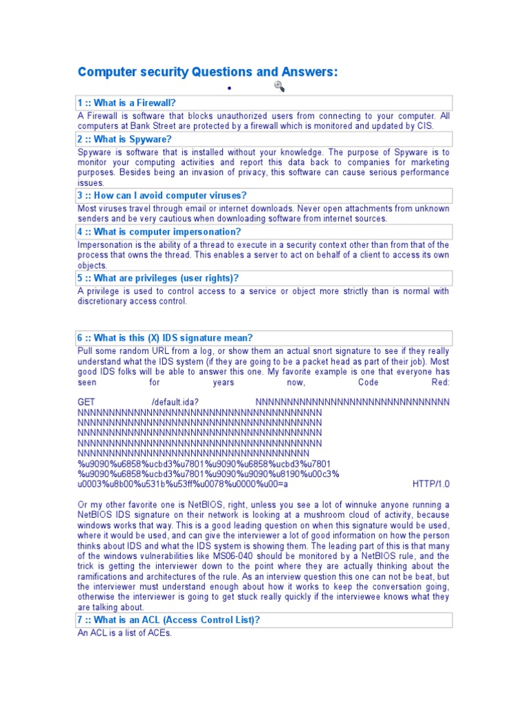 Computer Security Questions and Answers:: 1:: What Is A Firewall? | PDF ...