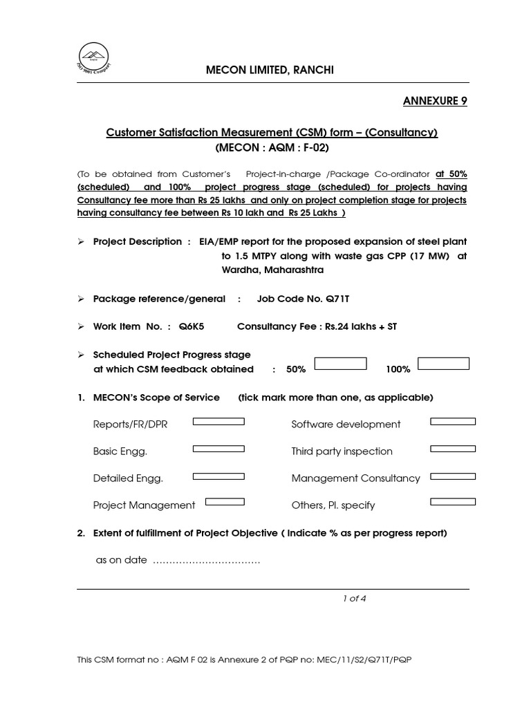 Mecon Limited, Ranchi Annexure 9 Customer Satisfaction Measurement (CSM) Form - (Consultancy ...