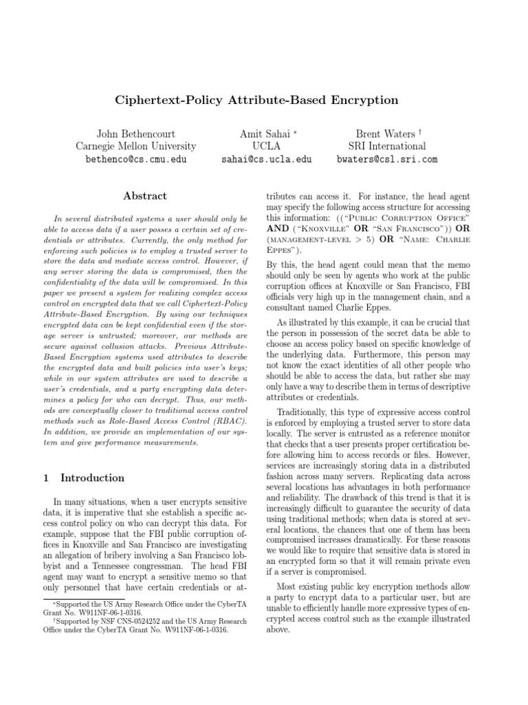 Ciphertext-Policy Attribute-Based Encryption | PDF | Key (Cryptography ...