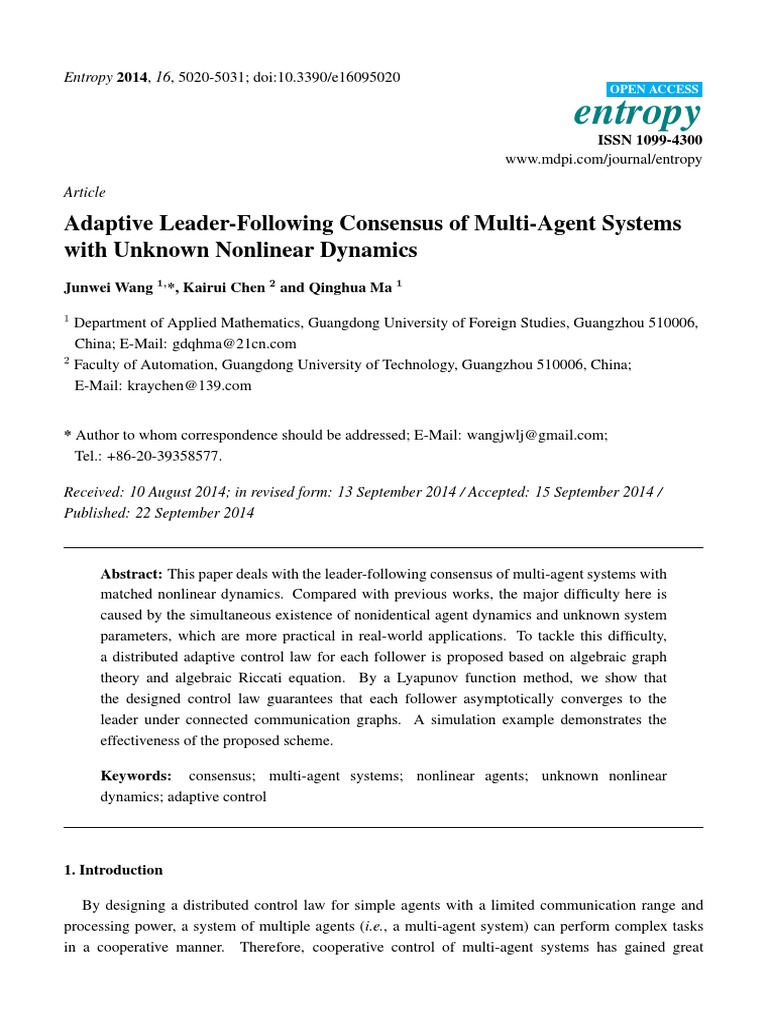 Entropy: Adaptive Leader-Following Consensus of Multi-Agent Systems With Unknown Nonlinear ...