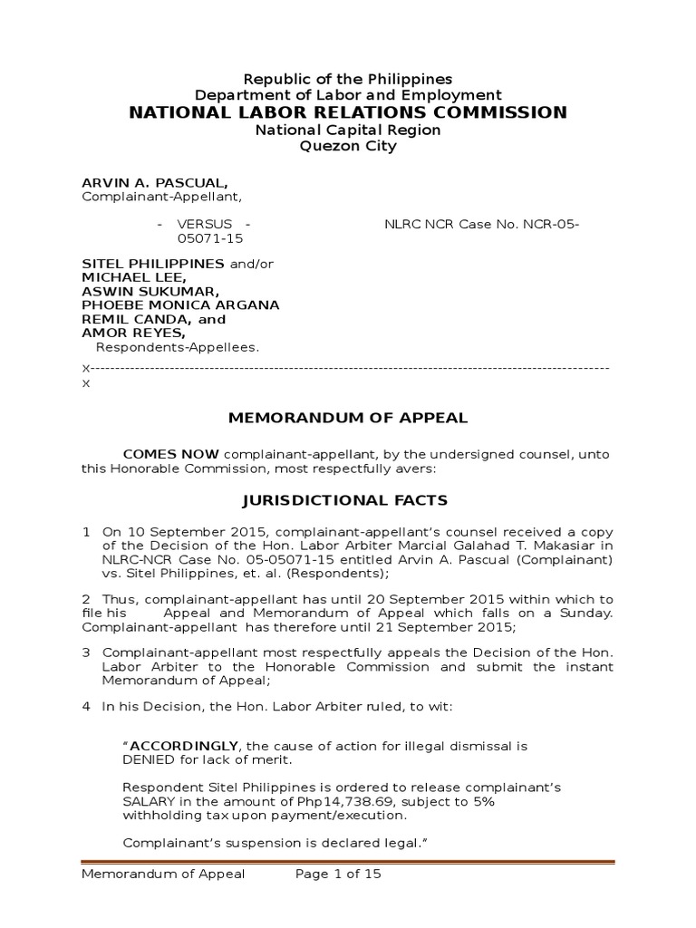 Appeal of Labor Arbiter's Decision in an Illegal Dismissal Case ...