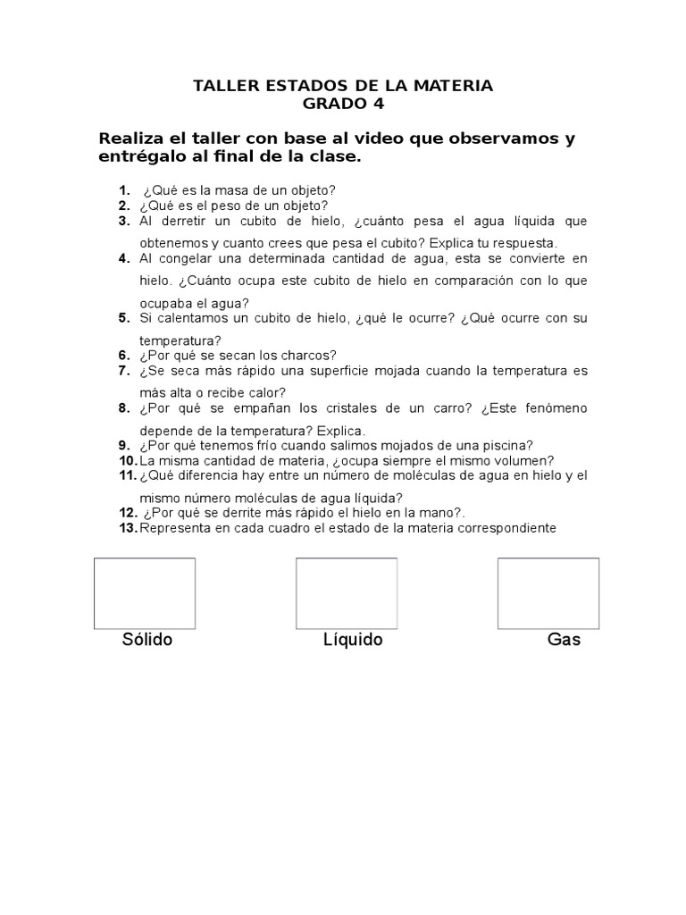 Taller Grado 4: Estados de la Materia | PDF
